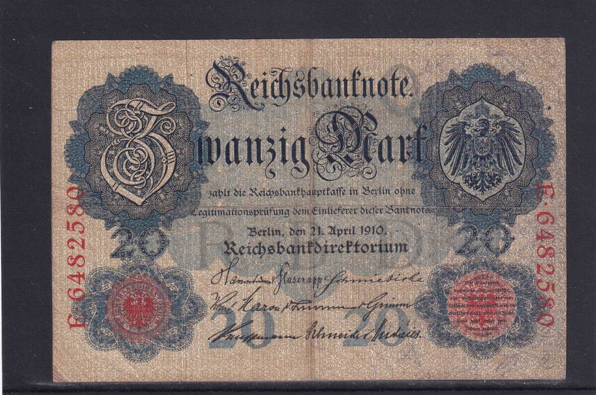 Kaiserreich, Reichsbanknote, 20 Mark 1910 Ro.40b, DEU-37b, KN 7 stellig ...