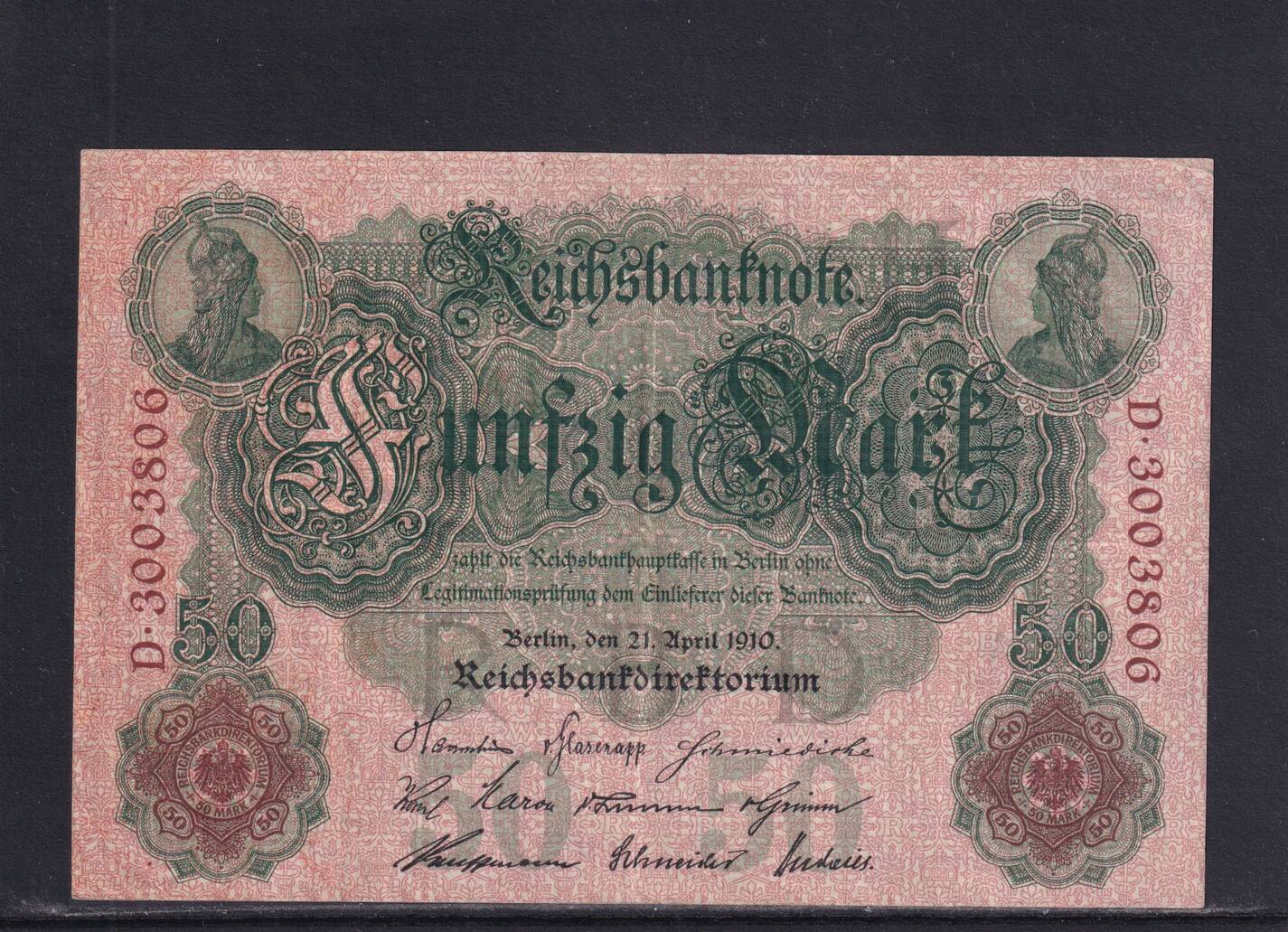 Kaiserreich, Reichsbanknote, 50 Mark 1910 Ro.42, DEU-38, Serie: D, Udr ...