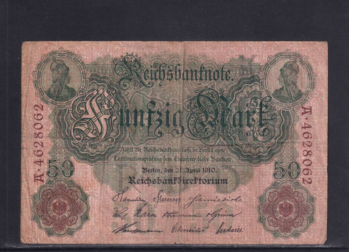 Kaiserreich, Reichsbanknote, 50 Mark 1910 Ro.42, DEU-38, Serie: A, Udr ...
