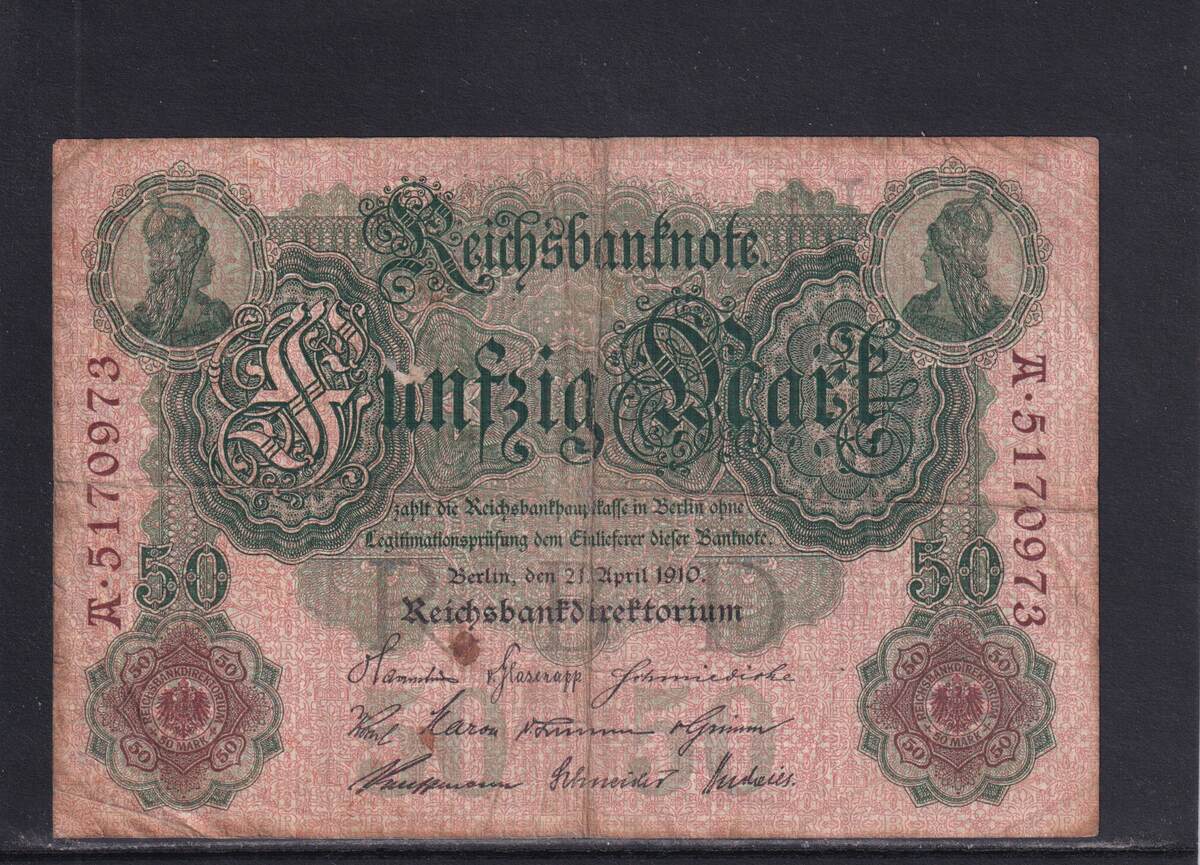 Kaiserreich, Reichsbanknote, 50 Mark 1910 Ro.42, DEU-38, Serie: A, Udr ...