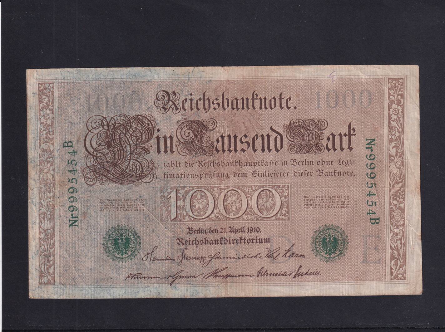Kaiserreich, Reichsbanknote, 1000 Mark 1910 Ro.46b, DEU-69b, Siegel ...