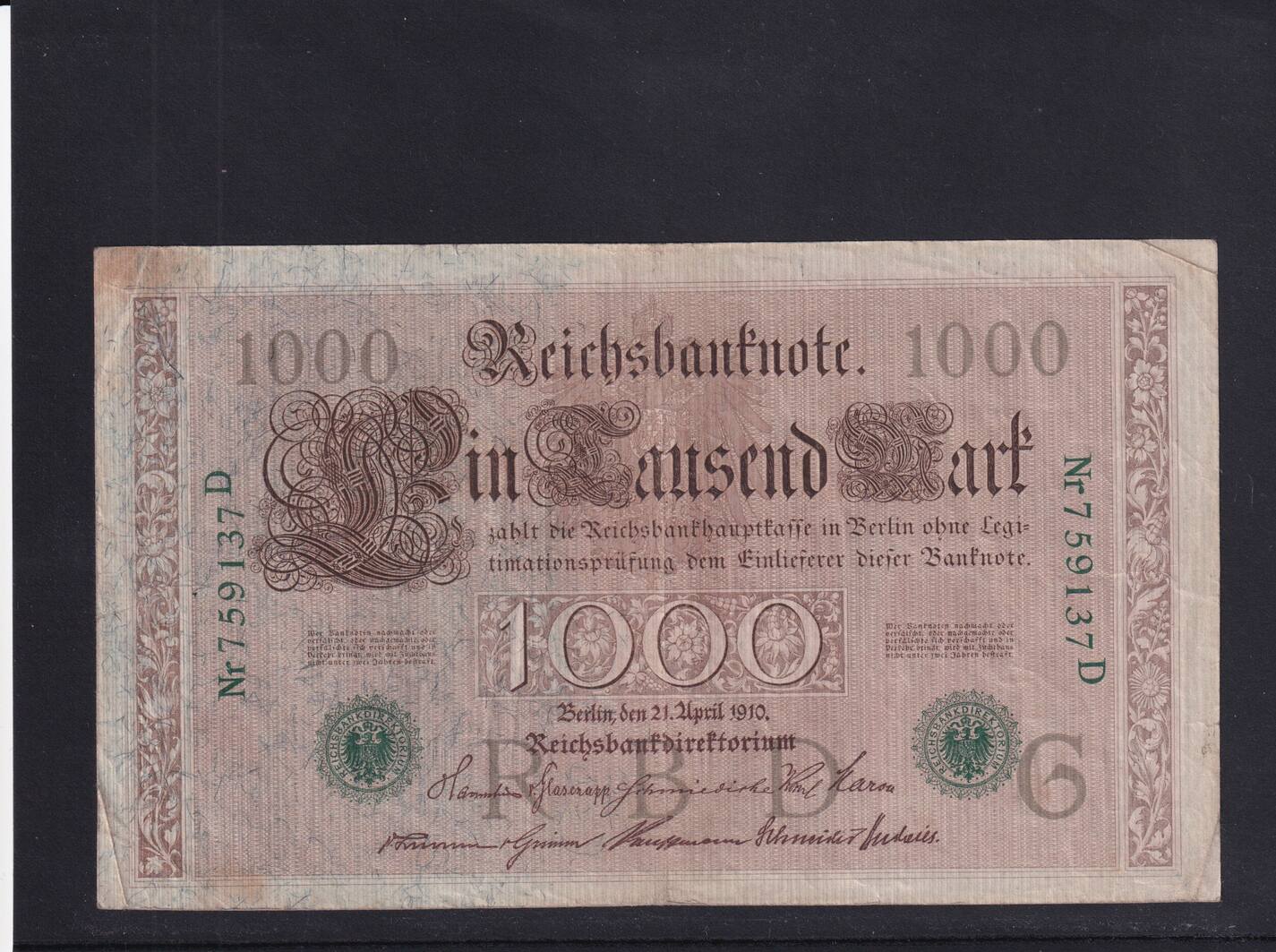 Kaiserreich, Reichsbanknote, 1000 Mark 1910 Ro.46a, DEU-69a, Siegel ...