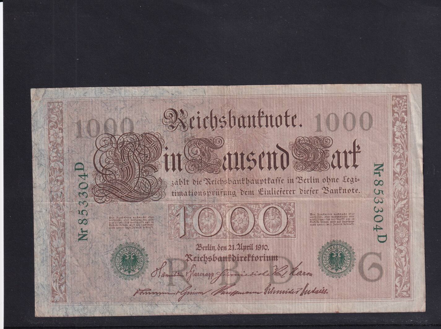 Kaiserreich, Reichsbanknote, 1000 Mark 1910 Ro.46a, DEU-69a, Siegel ...