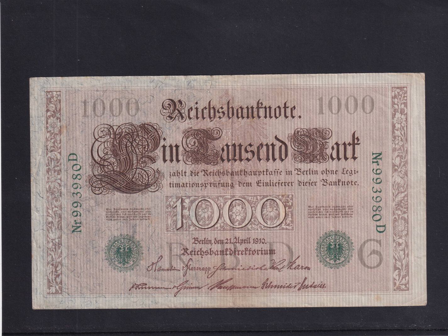 Kaiserreich, Reichsbanknote, 1000 Mark 1910 Ro.46a, DEU-69a, Siegel grün, KN 6stellig, Serie: D ...