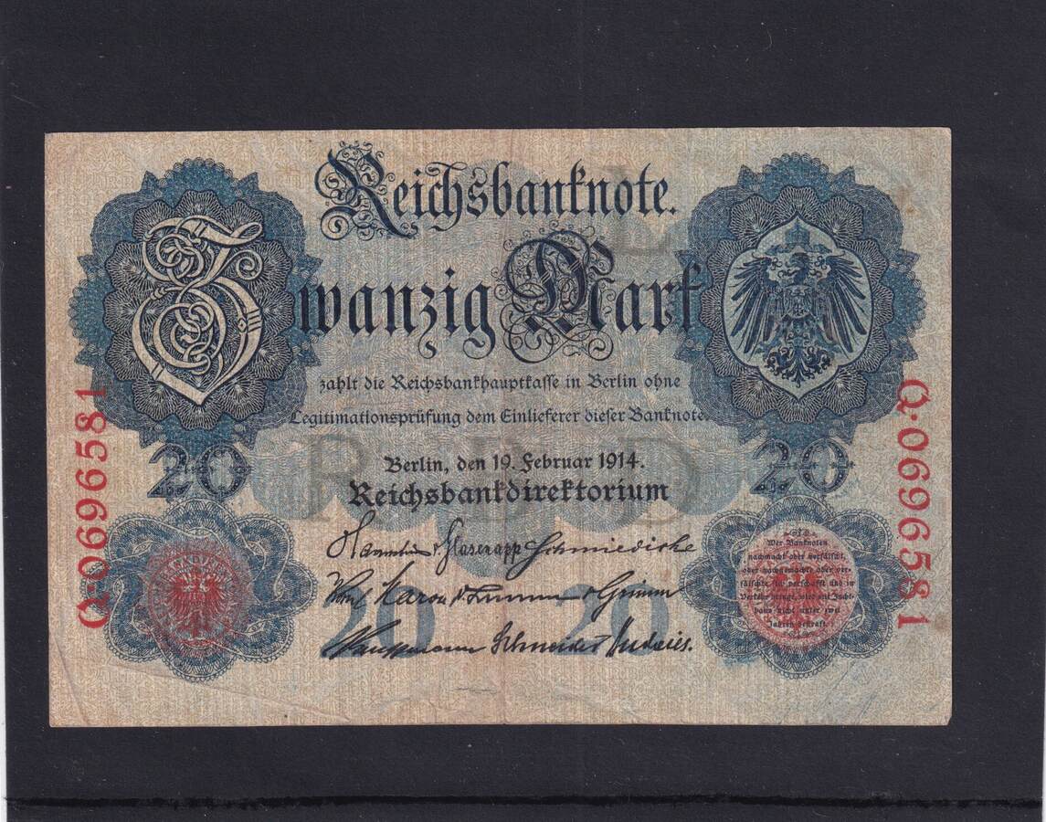 Kaiserreich, Reichsbanknote, 20 Mark 1914 Ro.47b, DEU-41b, KN 7 stellig ...