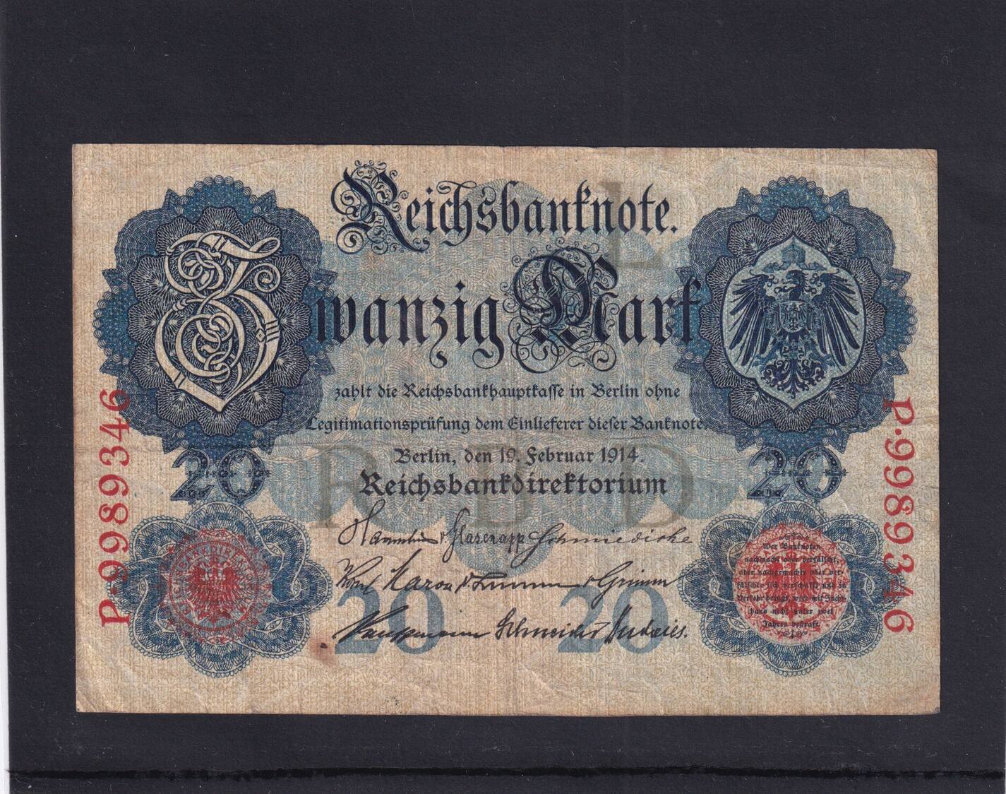 Kaiserreich, Reichsbanknote, 20 Mark 1914 Ro.47b, DEU-41b, KN 7 stellig ...