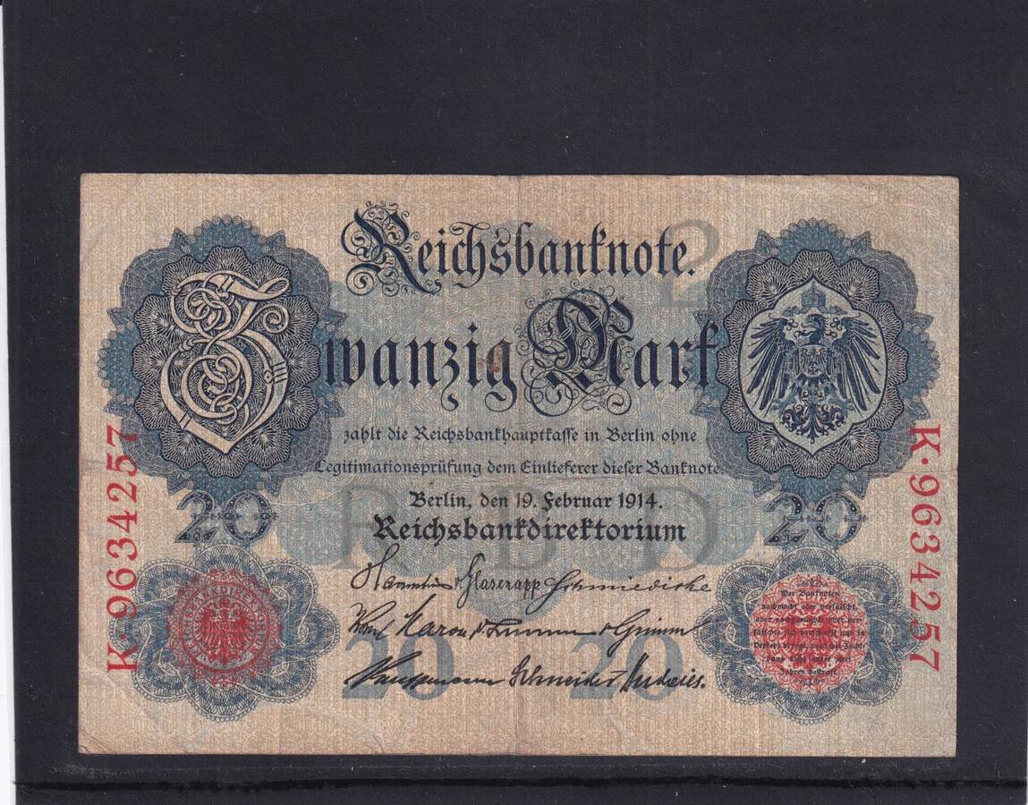 Kaiserreich, Reichsbanknote, 20 Mark 1914 Ro.47b, DEU-41b, KN 7 stellig ...