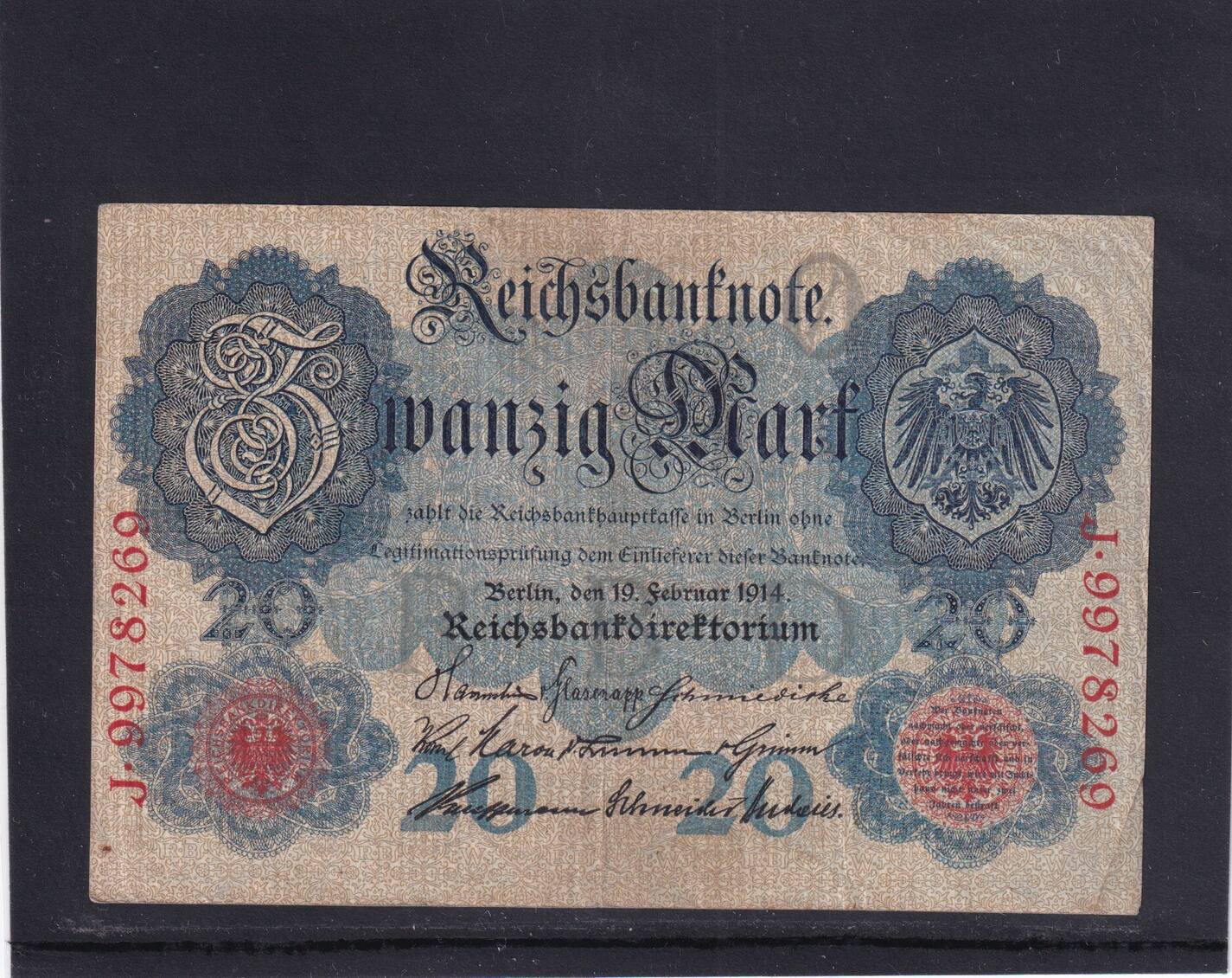 Kaiserreich, Reichsbanknote, 20 Mark 1914 Ro.47b, DEU-41b, KN 7 stellig ...