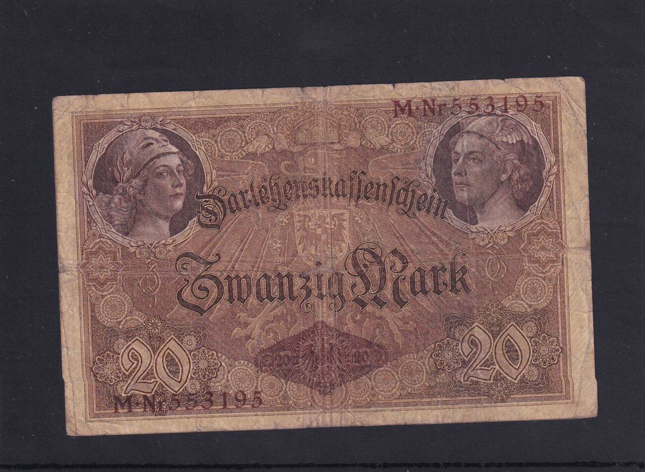 Kaiserreich, Reichsbanknote, 20 Mark 1914 Ro.49a, DEU-55a, KN 6 stellig ...
