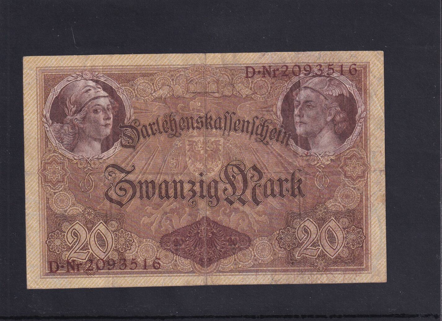 Kaiserreich, Reichsbanknote, 20 Mark 1914 Ro.49b, DEU-55b, KN 7 stellig ...