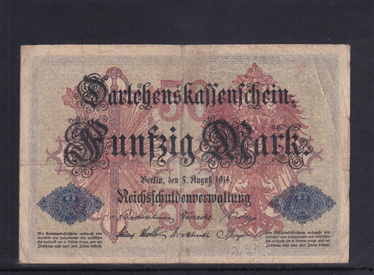 Kaiserreich, Reichsbanknote, 50 Mark 1914 Ro.50a, DEU-56a, KN 6 stellig FZ: Y, VF, | MA-Shops
