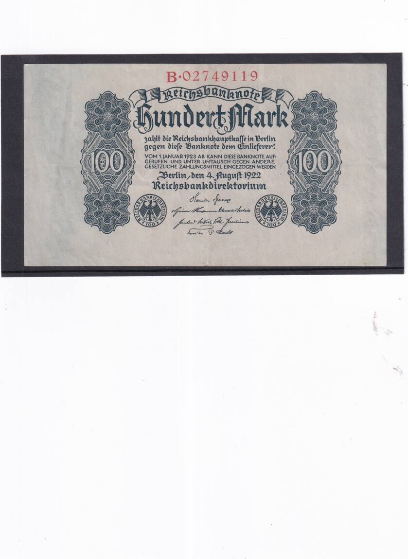 Weimarer Republik, Reichsbank, 100 Mark 1922 Ro.72, DEU-83, Serie: B ...