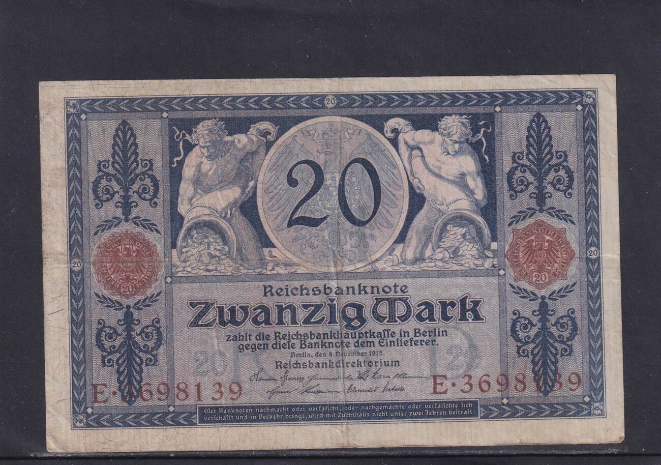 Kaiserreich, Reichsbanknote, 20 Mark 1915 Ro.53, DEU-42, Serie: E, Udr ...