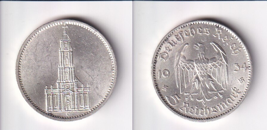 Deutsches Reich, Drittes Reich, 5 Reichsmark 1934 E Garnisonkirche ...