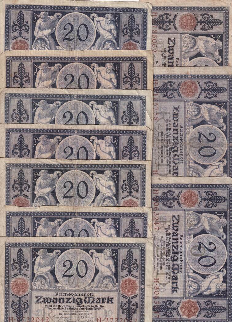 Deutsches Reich, Kaiserreich, 20 Mark 1915 Lot 10 Stück Reichsbanknoten gebraucht, gebraucht III ...