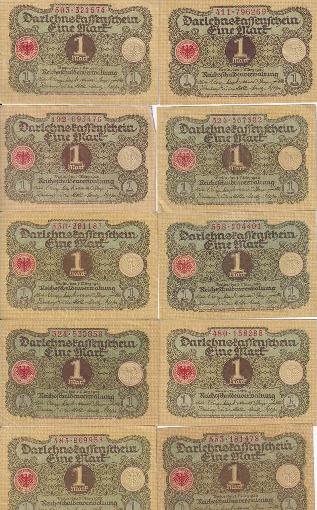 Deutsches Reich, Weimarer Republik, 1 Mark 1920 Lot 10 Stück Reichsbanknoten gebraucht ...