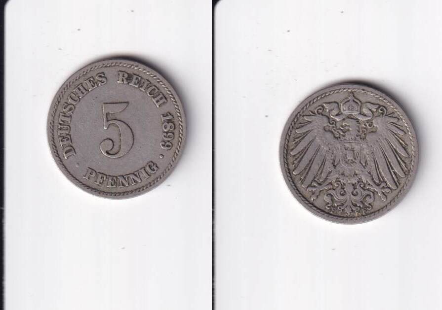 Deutsches Reich, Kaiserreich, 5 Pfennig 1899 F großer Adler, Kupfer ...