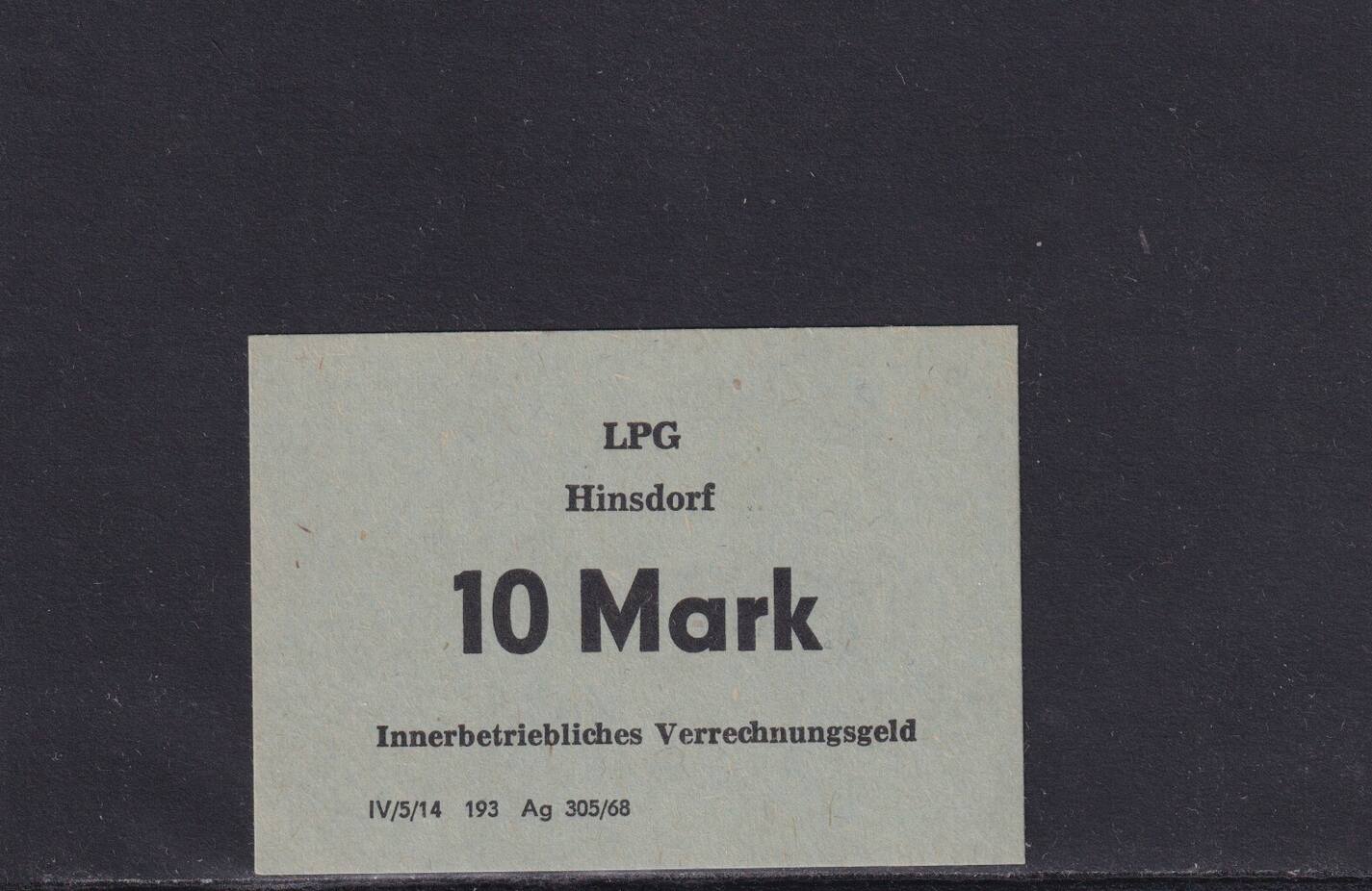 Deutschland, DDR, 10 Mark 1968 LPG-Geld, LPG Hinsdorf, mit Stempel ...