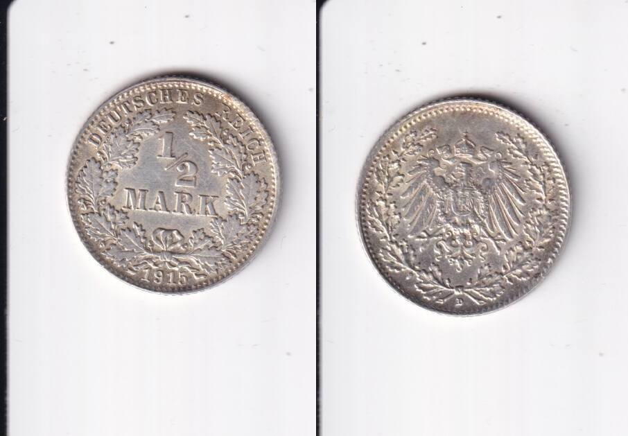 Deutsches Reich, Kaiserreich, 1/2 Mark 1915 D UNC-, Silber, | MA-Shops