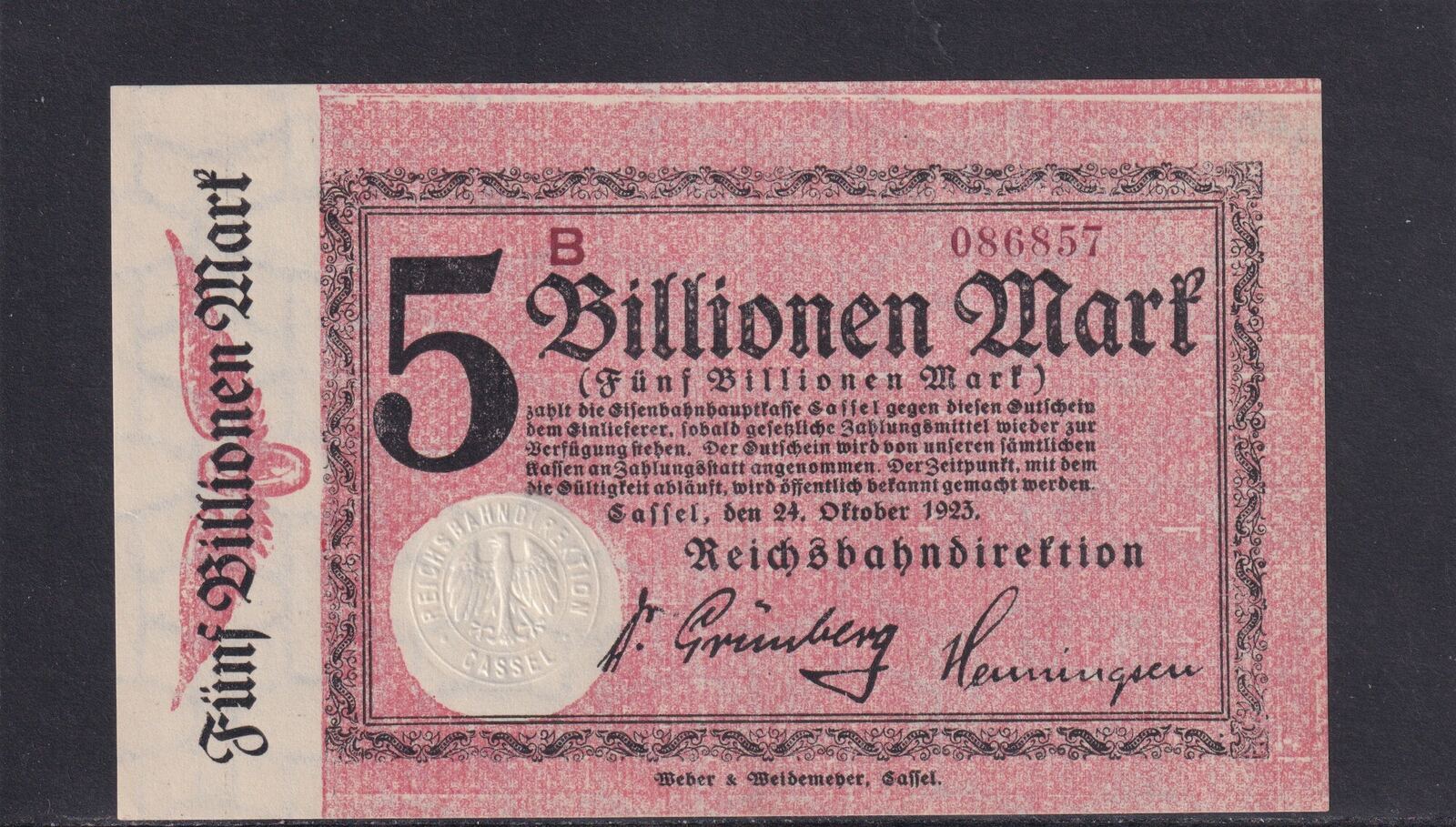 Weimarer Republik, Reichsbahn, 5 Billionen Mark 1923 Cassel ...