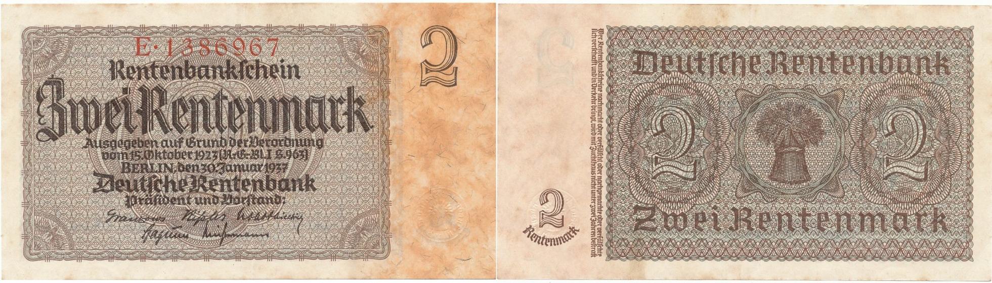Deutsches Reich 2 Rentenmark 30.Januar 1937 Ro.167a, Reichsdruck, KN 7 ...