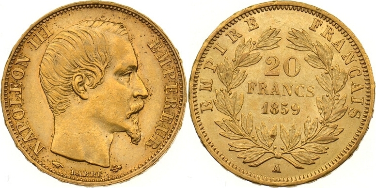Frankreich 20 Francs 1859 A (Paris) Napoleon III. UNC | MA-Shops