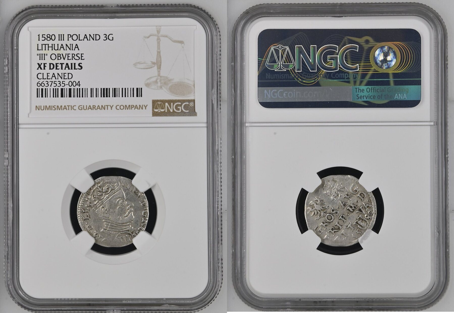 Lithuania / Poland 3 Grosh 1580 III Stephan Bathory NGC XF Details | MA ...