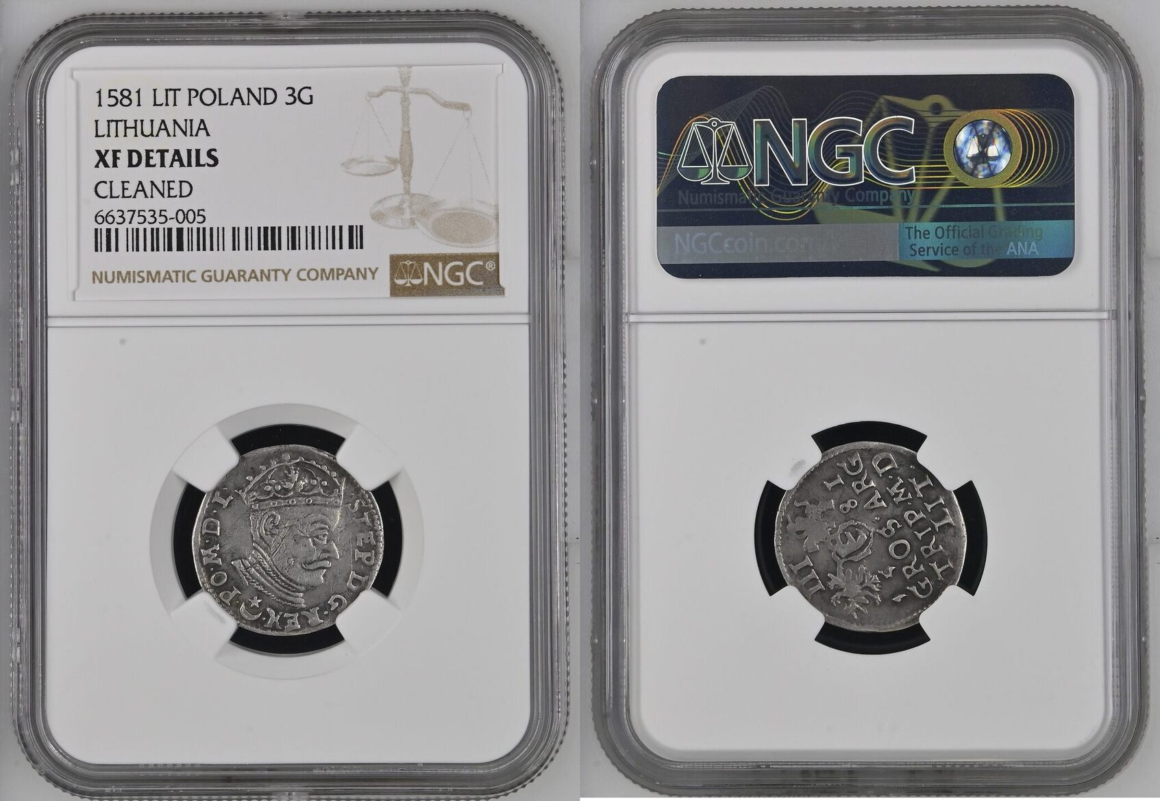 Poland/Lithuania 3 Grosh 1581 LIT Stephan Bathory NGC XF Details | MA-Shops