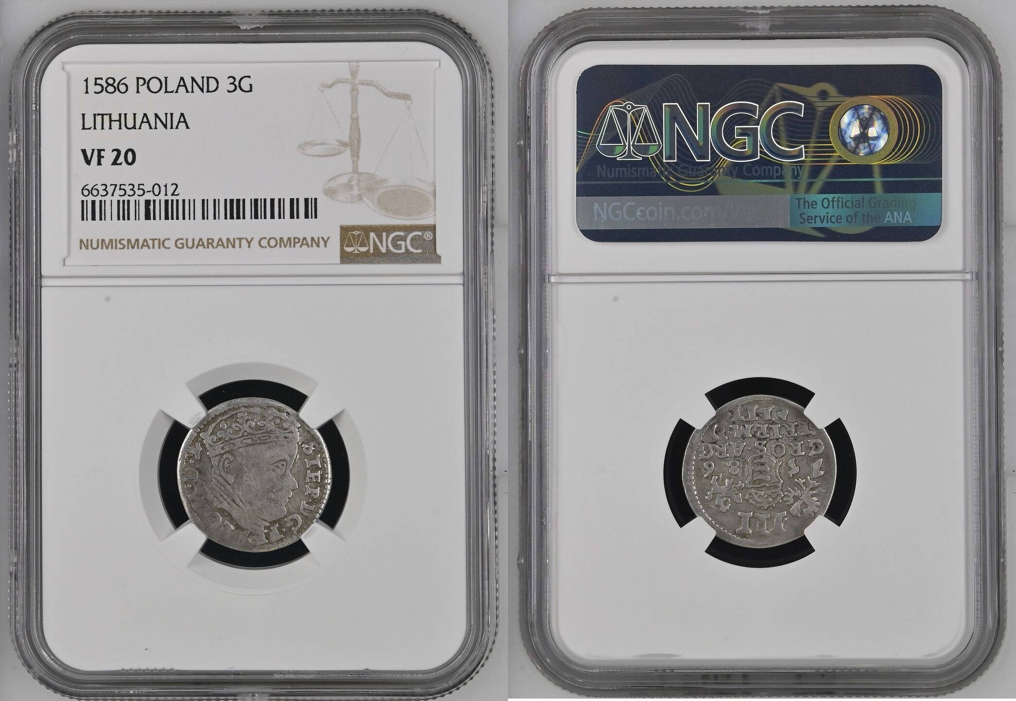 Lithuania / Poland 3 Grosh 1586 Stephan Bathory Viln NGC VF 20 | MA-Shops