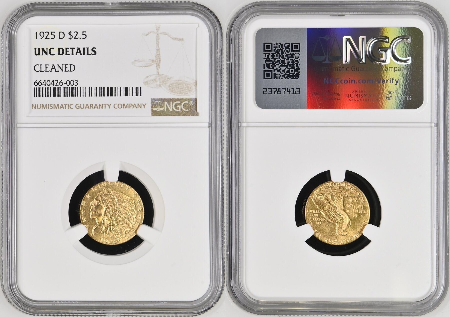 USA $2.5 QUARTER EAGLE 1925 D NGC UNC Details | MA-Shops