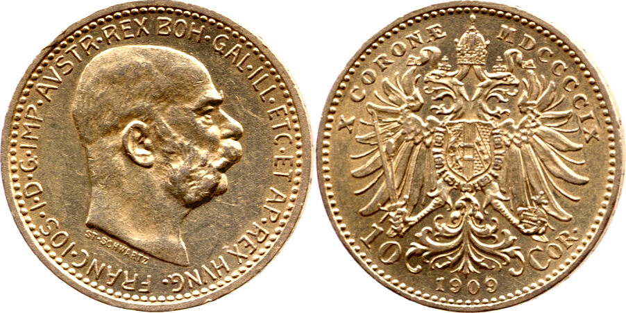 Österreich 10 Kronen 1909 10 Crowns, 10 Koronás, 10 Korona, X CORONAE ...