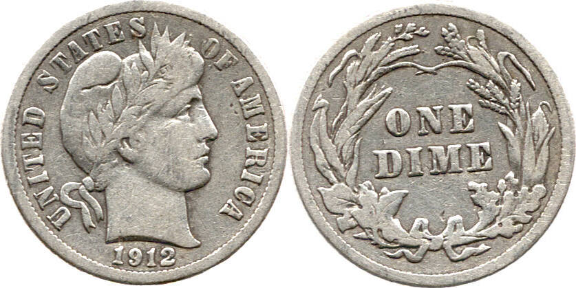 USA 1 Dime 1912 Barber Dime, Liberty, ONE DIME, Philadelphia, United ...