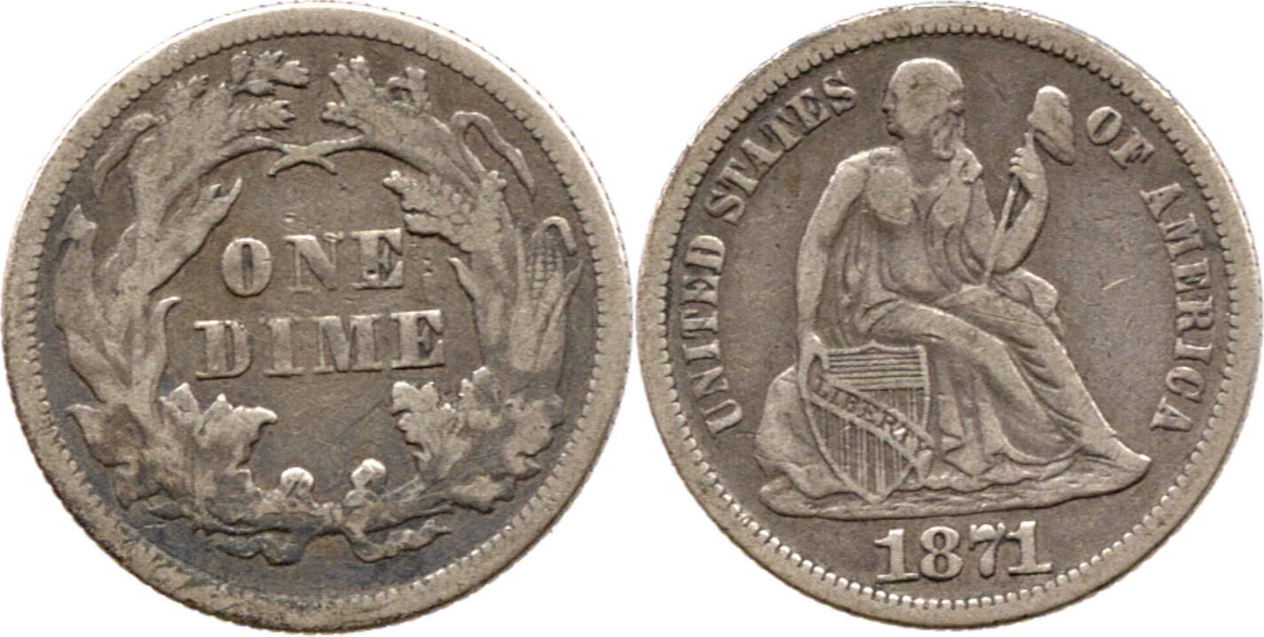 USA 1 Dime (10 Cents) 1871 Barber Dime, Liberty, ONE DIME, New Orleans ...