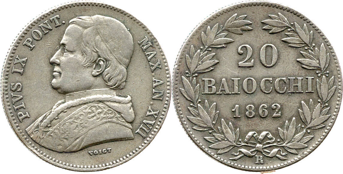 Kirchenstaat 20 Baiocchi 1862 Pius IX (1846-1878), PIVS IX PONT. MAX.A ...