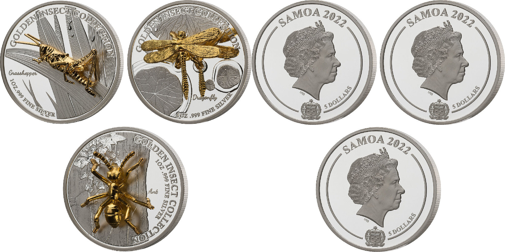 Samoa 3 x 5 Dollar 2022 Golden Insect Collection, Elizabeth II ...