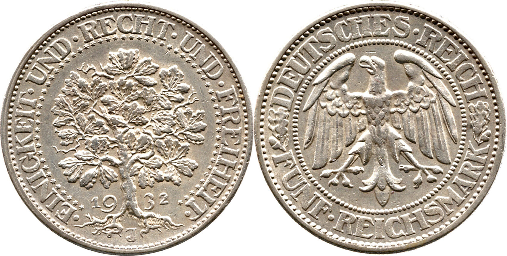 Weimarer Republik 5 Mark 1932 Münzzeichen J - Hamburg, EINIGKEIT UND ...
