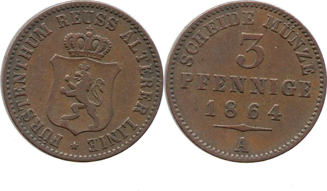 Reuss-Schleiz 3 Pfennig 1864 Heinrich LXVII, 1854 - 1867, Jüngere Linie ...