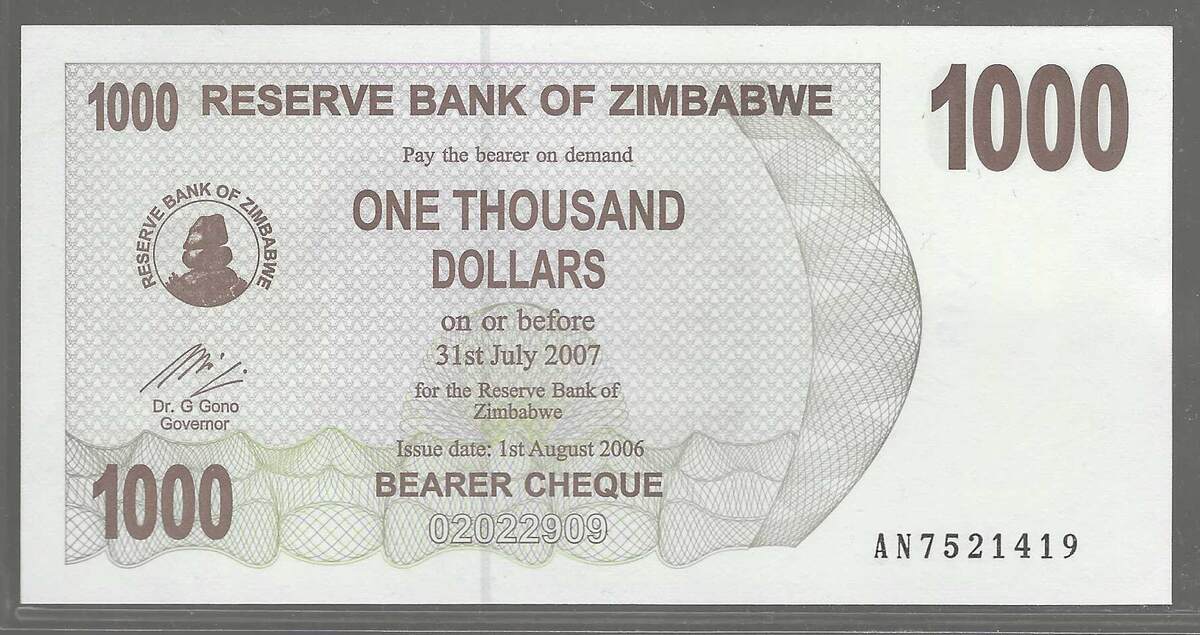 ZIMBABWE. 1000 Dollars. 01/08/2006. Serie: AN. Fast NEU / AU-55. | MA-Shops