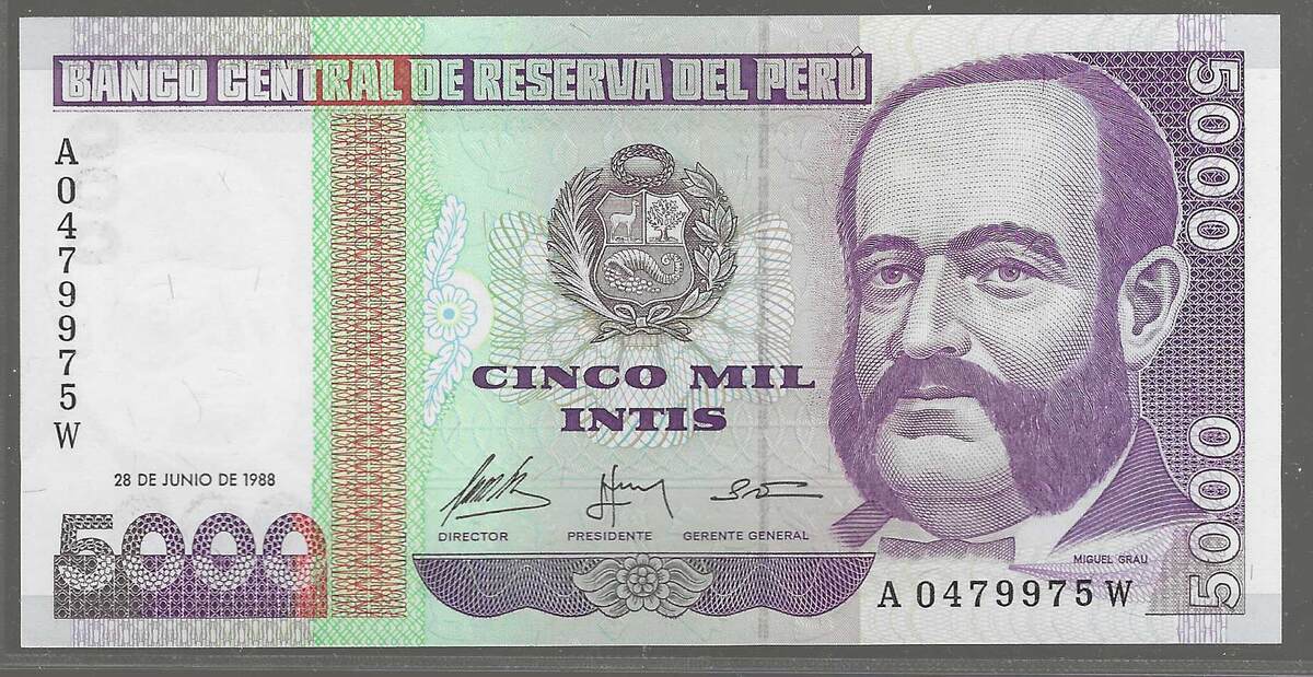 PERÚ/PÉROU. 5000 Intis. 28/06/1988. Serie: A/W. Fast NEU. AU-55. | MA-Shops