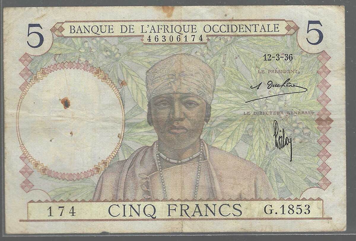 AOF. AFRIQUE OCCIDENTALE FRANÇAISE. 5 Francs. 12/03/1936. Foncé. Dunkel ...