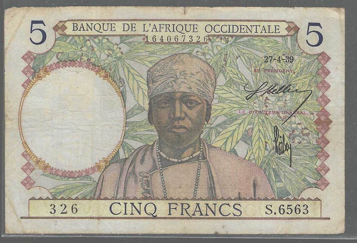 AOF. AFRIQUE OCCIDENTALE FRANÇAISE. 5 Francs. 27/04/1939. Serie: S.6563 ...