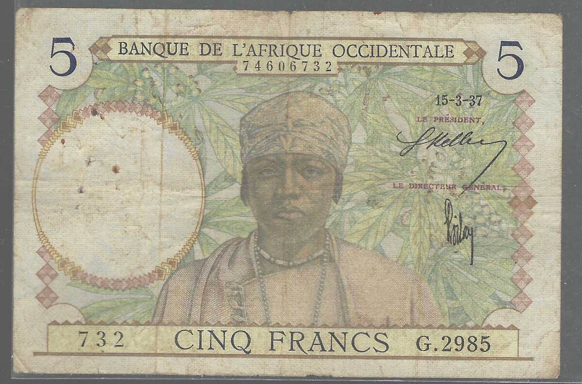 AOF. AFRIQUE OCCIDENTALE FRANÇAISE. 5 Francs. 15/03/1937. Serie: G.2985 ...