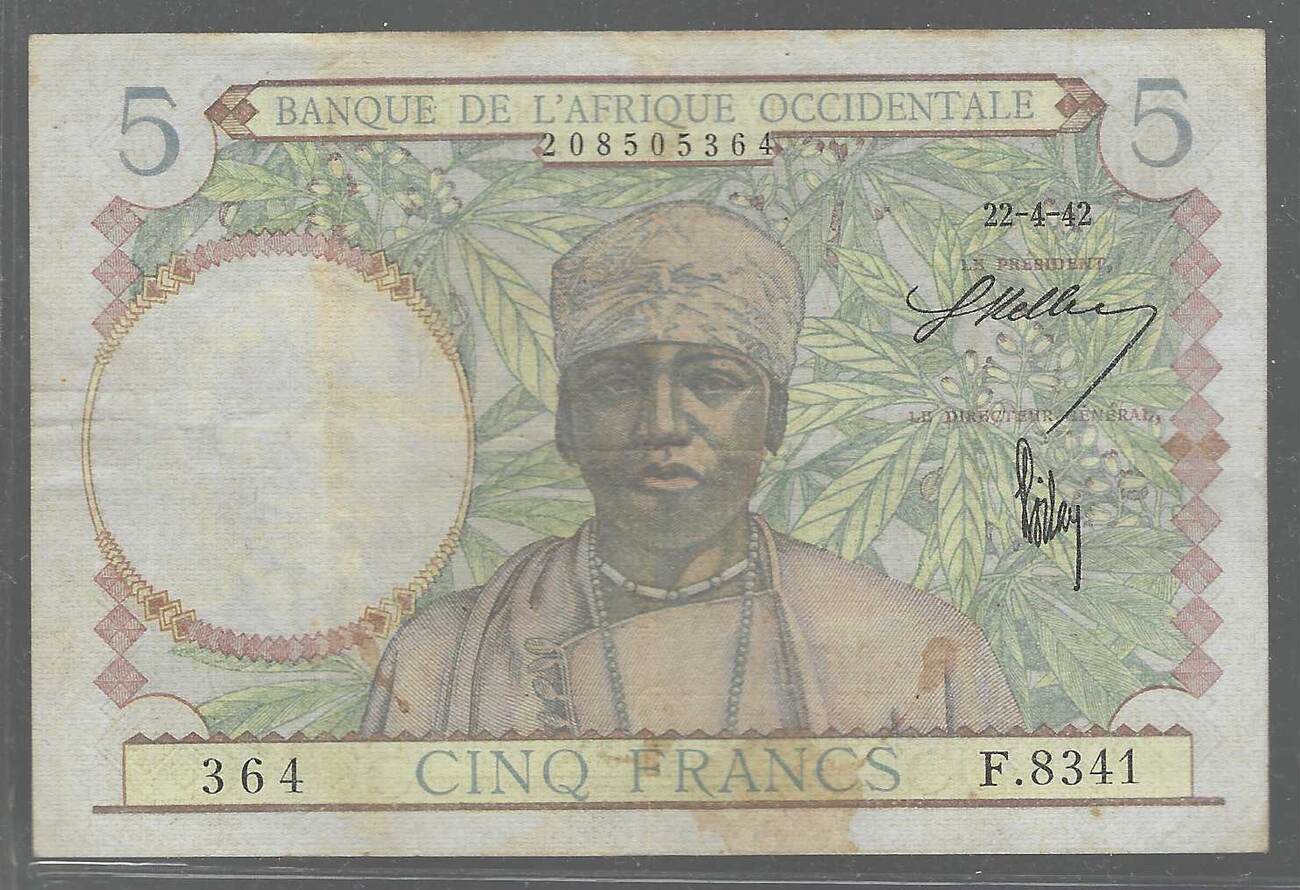 AOF. AFRIQUE OCCIDENTALE FRANÇAISE. 5 Francs. 22/04/1942. Serie: F.8341 ...