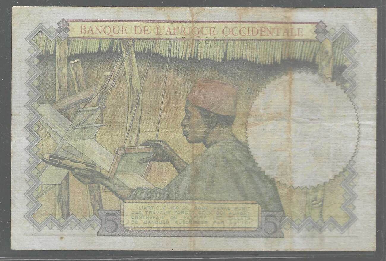AOF. AFRIQUE OCCIDENTALE FRANÇAISE. 5 Francs. 22/04/1942. Serie: F.8341 ...
