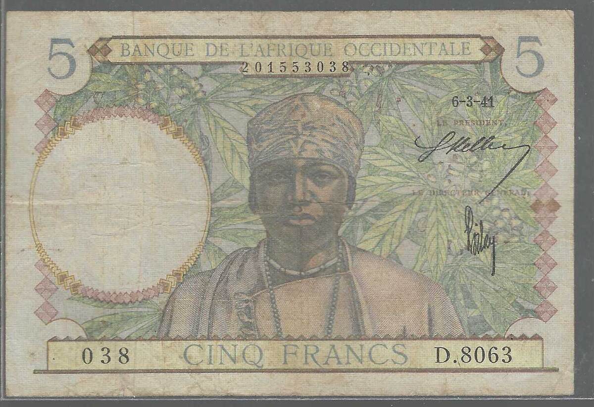 AOF. AFRIQUE OCCIDENTALE FRANÇAISE. 5 Francs. 06/03/1941. Serie: D.8063 ...