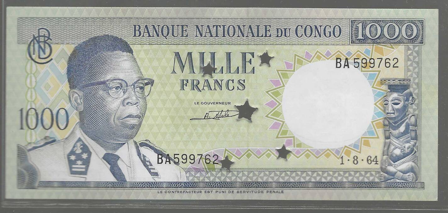 CONGO. 1000 Francs. 01/08/1964. 1er PRÉSIDENT JOSEPH KASA-VUBU. Serie ...