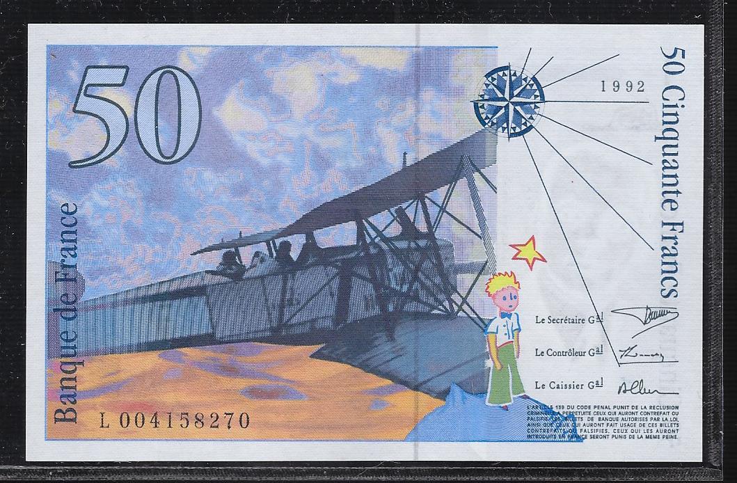 FRANCE 50 Francs 1992 Antoine de Saint-Éxupéry. Mit Akzent, avec accent. Serie: L004 fast UNC ...