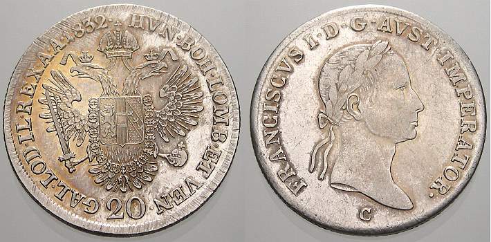 Haus Habsburg 20 Kreuzer 1832 C Franz II. (I.) 1792-1835. Leicht justiert, fast UNC | MA-Shops