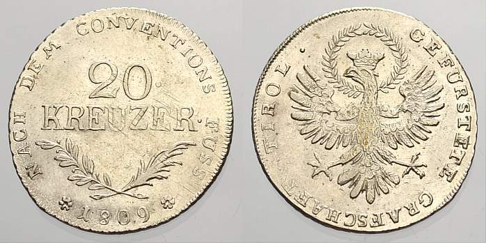 Haus Habsburg 20 Kreuzer 1809 Franz II. (I.) 1792-1835. Min. justiert, EF/UNC- | MA-Shops
