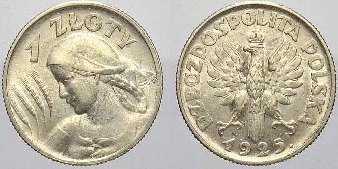Polen-Republik 1918-1939 1 Zloty 1925 Republik Polen 1918-1939. Attraktives Exemplar. CH UNC ...